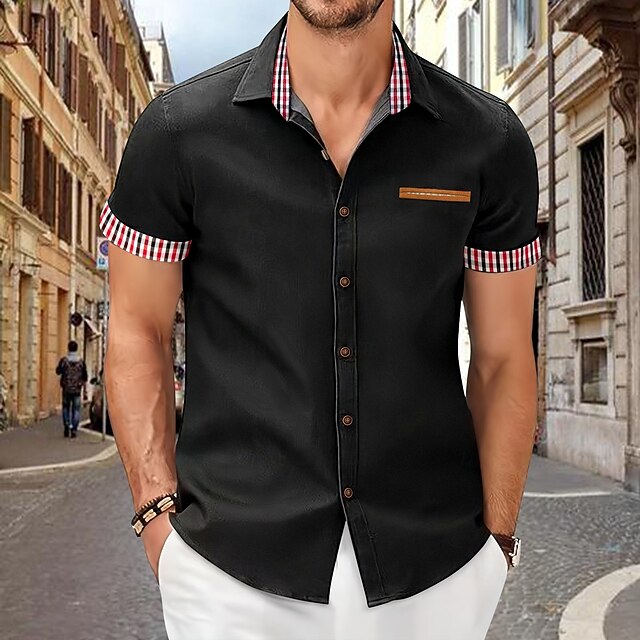 Men's Shirt Dress Shirt Button Up Shirt Plain Casual Daily Black White ...