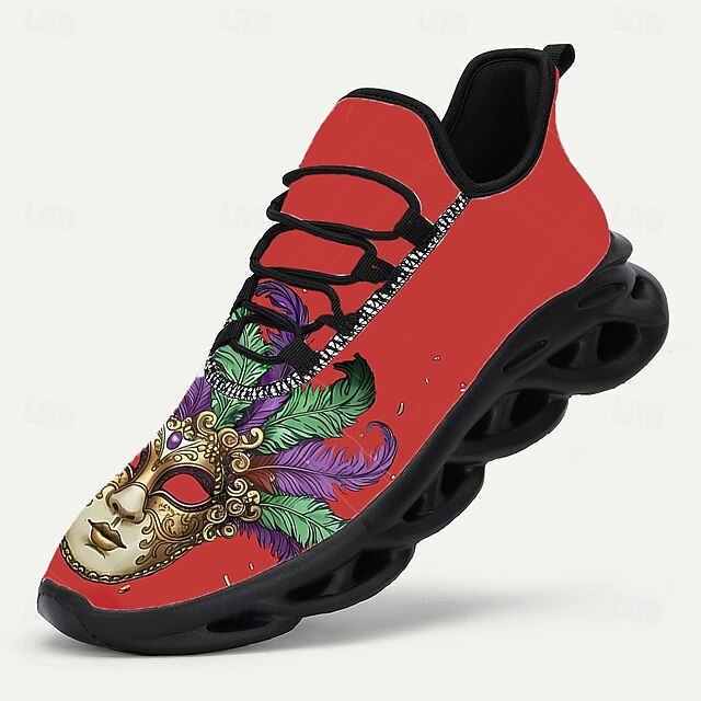 Men's Mardi Gras Red Carnival Sneakers with Mask Design, Vibrant ...
