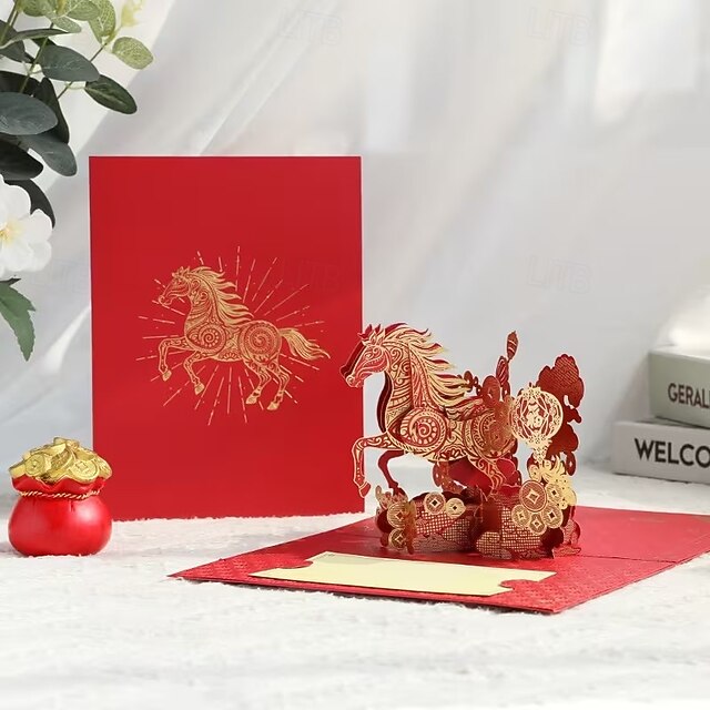 2026 Year of the Horse Chinese New Year Greeting Card – 3D Pop-Up Gold ...