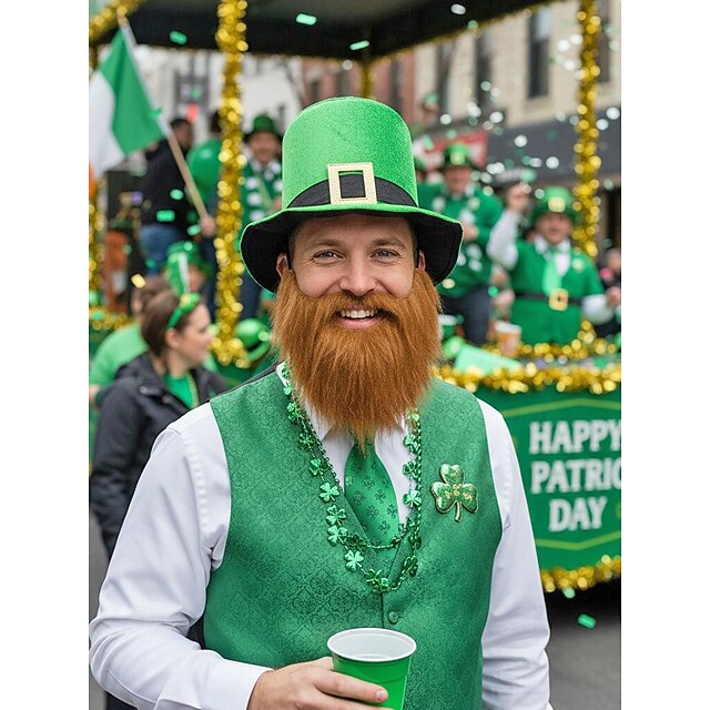 Men's St. Patrick's Day Leprechaun Hat & Fake Beard Set, Green Irish ...