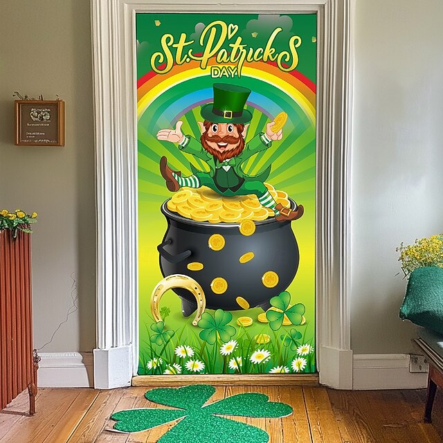 St Patrick's Day Green Shamrock Door Curtain, Leprechaun & Gold Coin ...