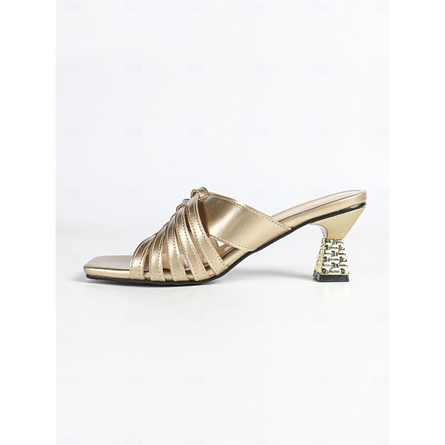 Women's Gold Satin Mule Sandals with Strappy Upper & Low Block Heel ...