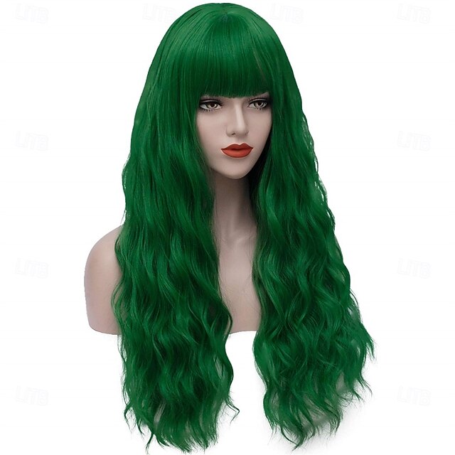 Green Wigs Synthetic Wig Curly With Bangs Machine Made Wig Long Green ...