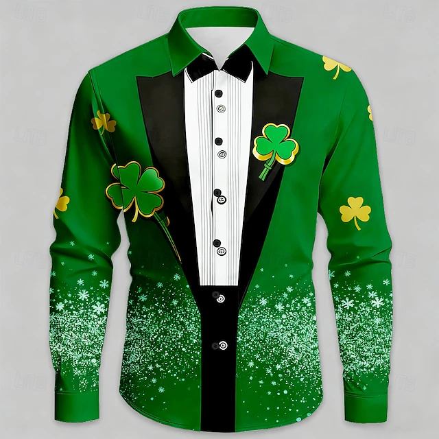 St. Patrick's Day Men's Clover Faux Collar and Suit Design Shirt Button ...