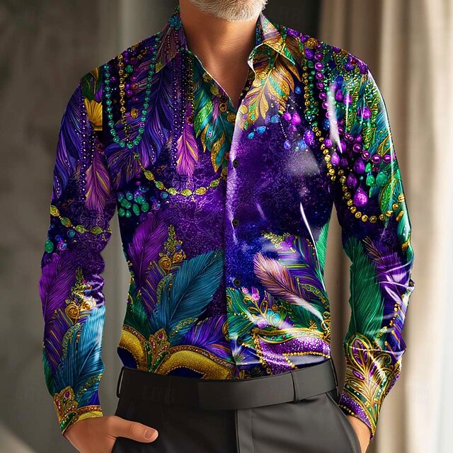 Mardi Gras Men's Carnival Beads Mask with Feathers Shirt Satin Shirt ...