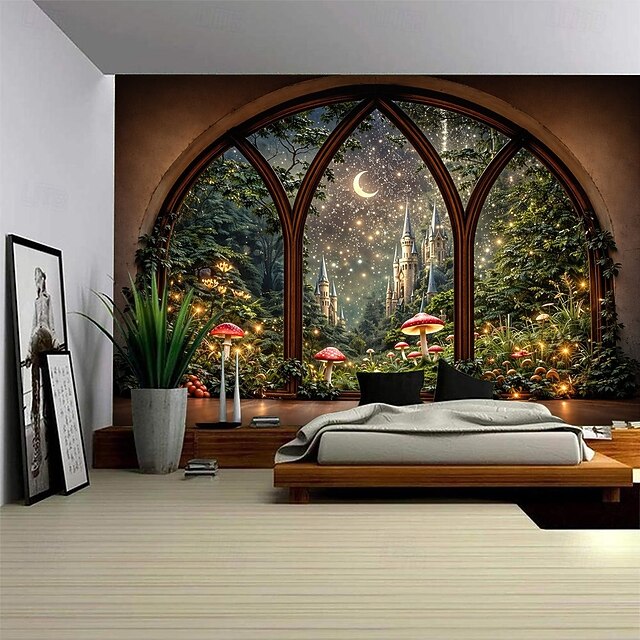 Fantasy Castle Window Tapestry featuring Magic Woodland Scene Large ...