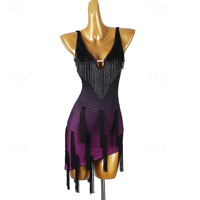 Women's Ombre Fringe Latin Dance Dress - Black Purple V-Neck Mini Rumba ...