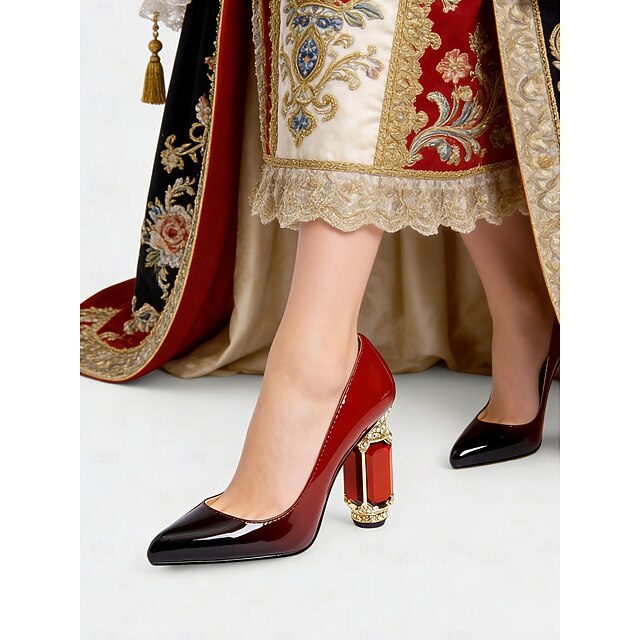 Women's Green Patent Studded Block Heel Pumps - Baroque Gemstone ...