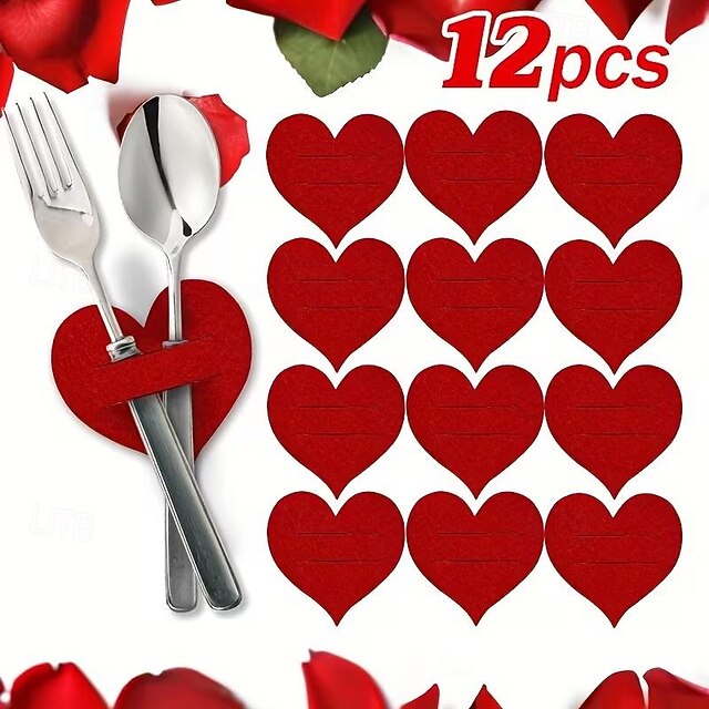 12pcs Valentine'S Day Heart-Shaped Napkin Holders - Red Felt Table ...