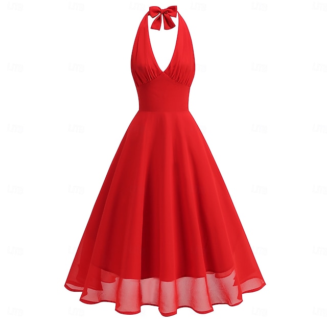 Retro Vintage 1950s Hepburn Midi Dress A Line Dress Flare Dress Solid ...