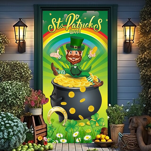 St Patrick's Day Green Shamrock Door Curtain, Leprechaun & Gold Coin ...