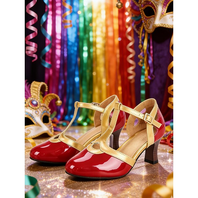 Women's Mardi Gras Red and Gold T-Strap Heels with Metallic Accents ...