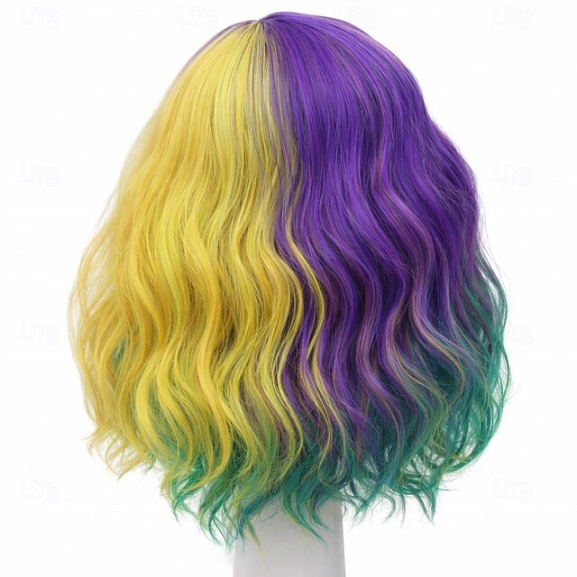 Carnival Wig Purple Green Yellow Curly Short Synthetic Festival Wig ...