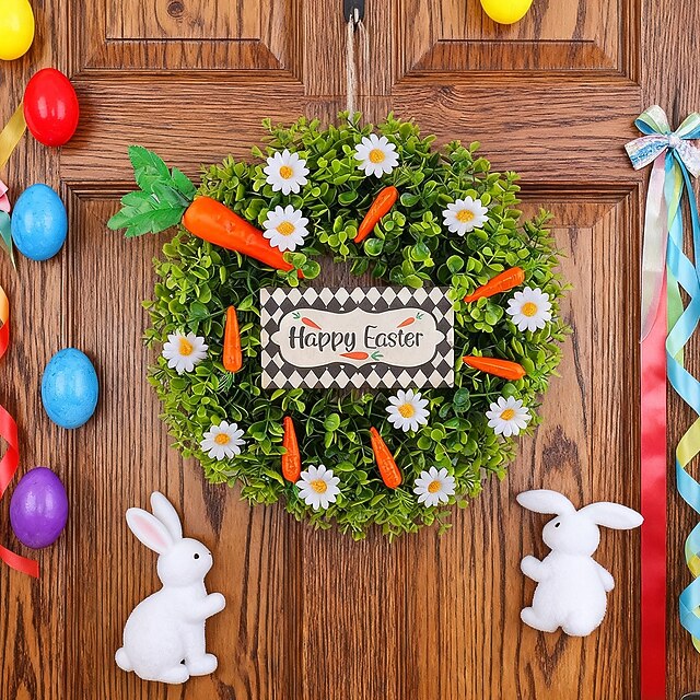 Easter Wreath with Daisies and Carrots, "Happy Easter" Wooden Sign ...