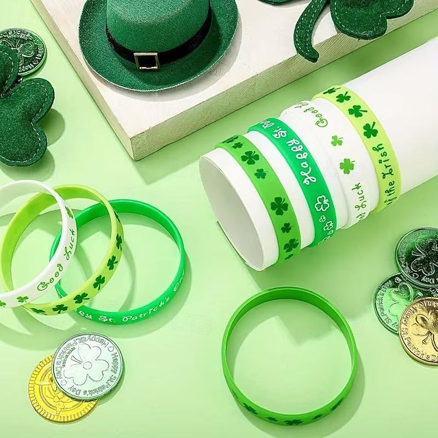 12PCS St. Patrick's Day Silicone Bracelets, Green Shamrock Wristbands ...