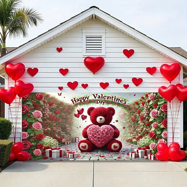 Valentine's Day Garage Door Cover, 2D Flat Print Red Bear Holding Roses ...