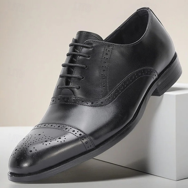 Men's Black Leather Oxford Shoes, Premium Leather with Perforated ...
