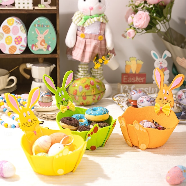3 Pack Easter Bunny Ear Felt Storage Baskets, Cartoon Bunny Round Candy ...