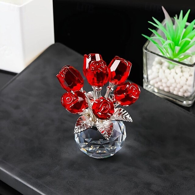 Exquisite Crystal Glass Rose Sculptures - Elegant Red, Blue & Pink ...