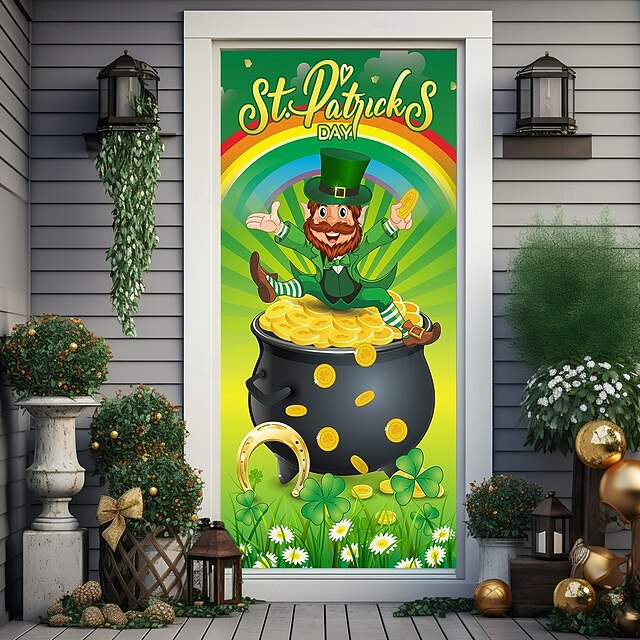 St Patrick's Day Green Shamrock Door Curtain, Leprechaun & Gold Coin ...