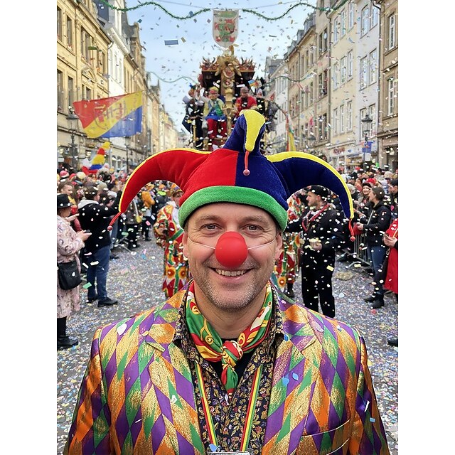 Men's Polyester Jester Mardi Gras Hat and Clown Nose Set – Perfect for ...