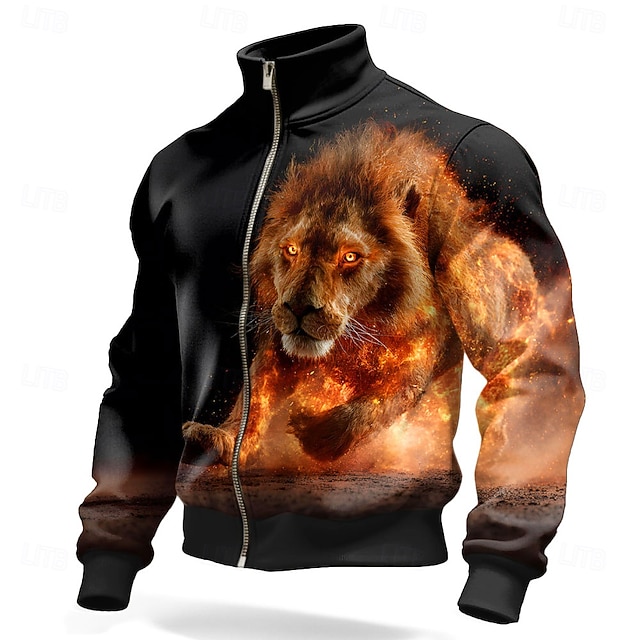 Men's Lion Flame Jacket Sweatshirt Cool Daily Fantasy Tactical Stand ...