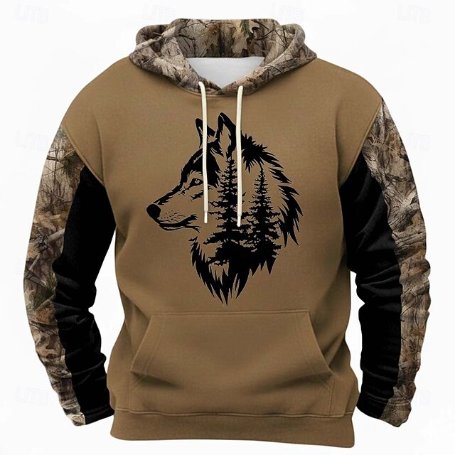 Men's Wolf Hoodie Sweatshirt Fashion Classic Crew Neck Outdoor Hunting ...