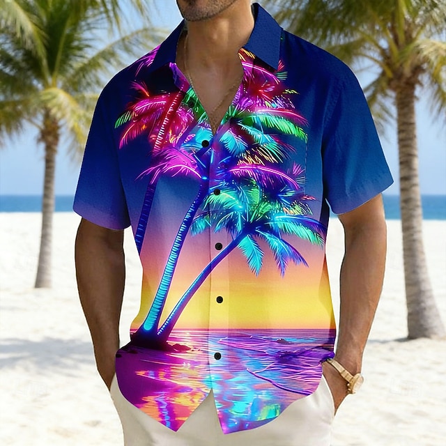 Men's Coconut Tree Tropical Plants Neon Glow Shirt Hawaiian Shirt Aloha ...