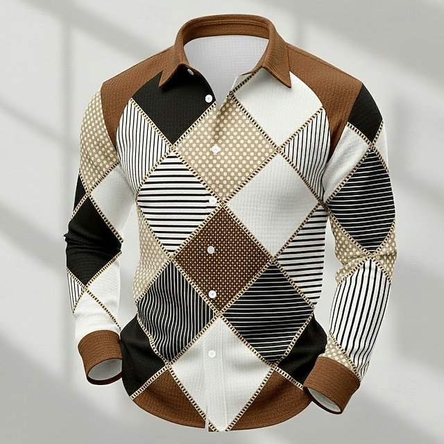 Men's Geometric Color Block Patchwork Shirt Waffle Shirt Casual Shirt ...