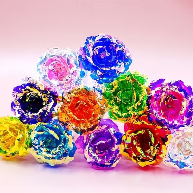 8 Pack Crystal Rainbow Roses, Eternal Multicolor Gold Plastic Roses ...