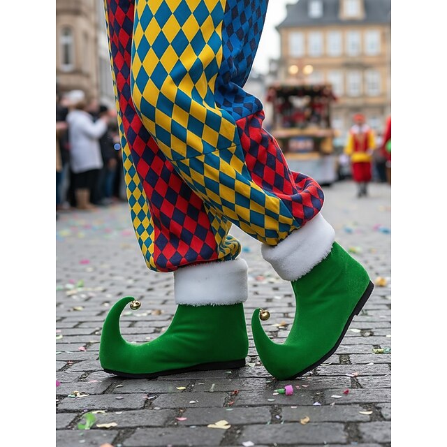 Women's Mardi Gras Green Velvet Curled Toe Elf Boots with Jingle Bells ...