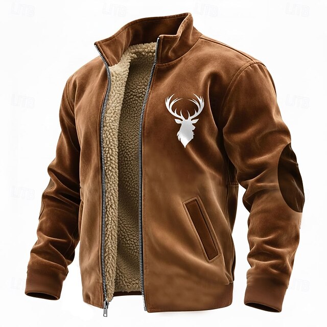 Men's Deer Fleece Jacket Sweatshirt Hunting Stand Collar Zip Outdoor ...