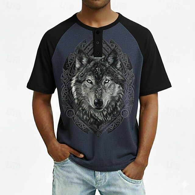 Men's Graphic Wolf Viking Henley Shirt Short Sleeve Fashion Designer ...