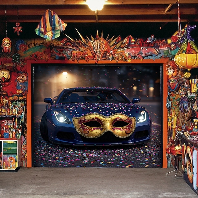 Mardi Gras Garage Door Cover Large Hanging Backdrop Car Mask Feather ...