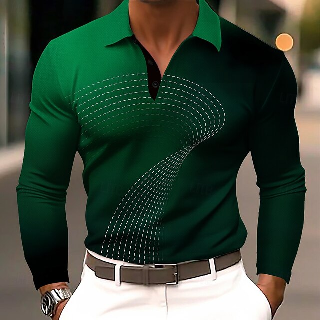 Men's Abstract Geometic Polo Long Sleeve Polo Shirts Lapel Business ...