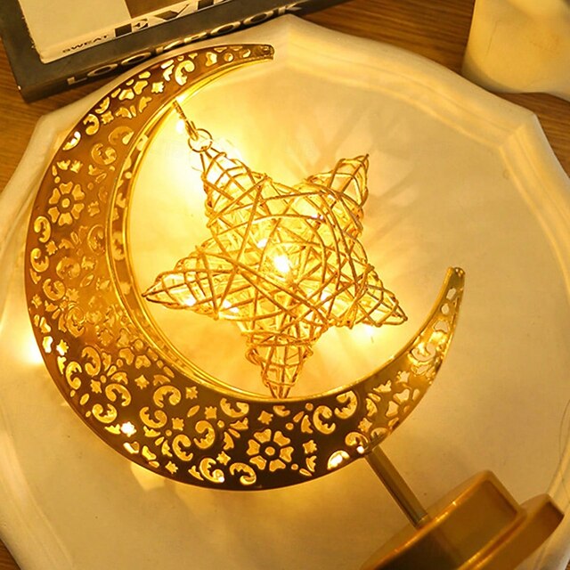 Ramadan Metal Star and Moon Night Light, Decorative Iron Lantern Table ...