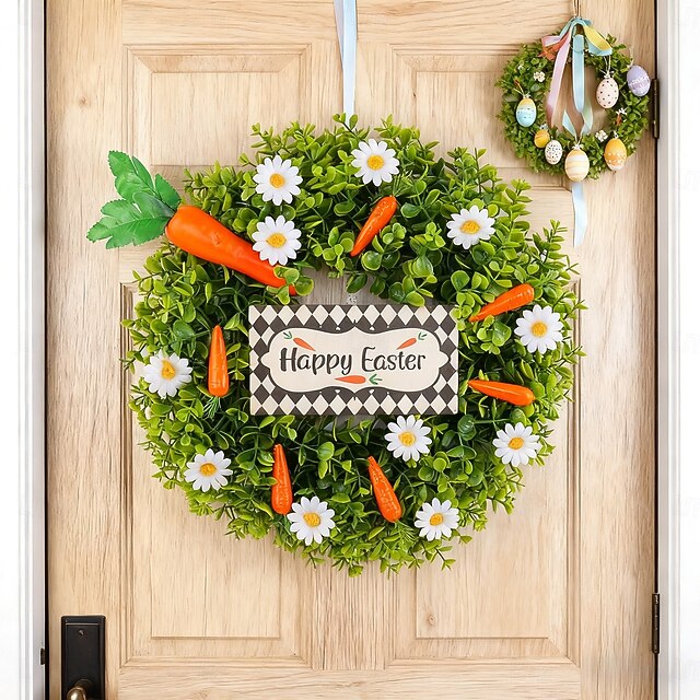 Easter Wreath with Daisies and Carrots, "Happy Easter" Wooden Sign ...