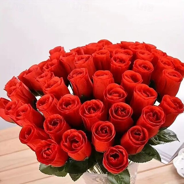 50 Bundles Artificial Rose Bouquet, Valentine’s Day Fake Roses Fabric ...