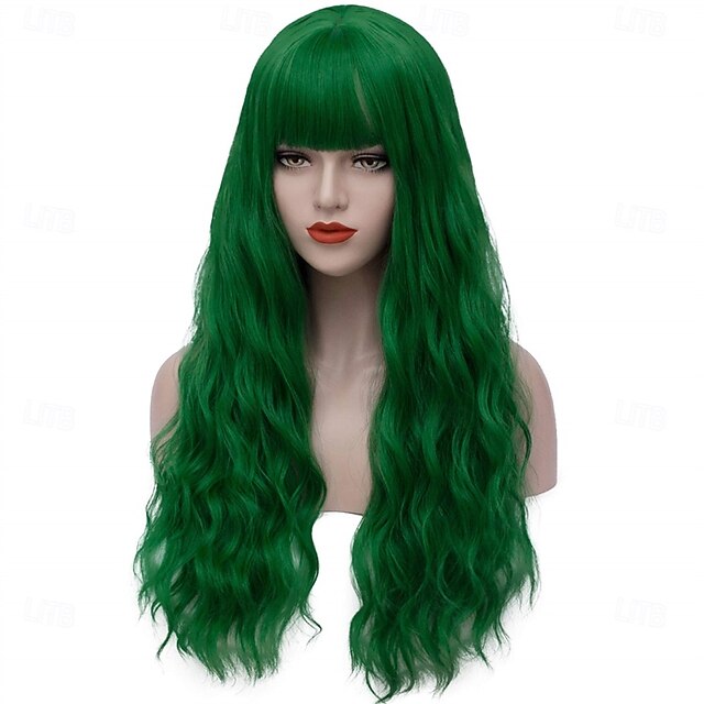 Green Wigs Synthetic Wig Curly With Bangs Machine Made Wig Long Green ...
