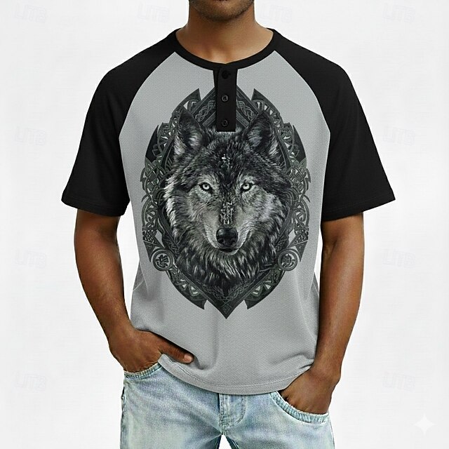 Men's Graphic Wolf Viking Henley Shirt Short Sleeve Fashion Designer ...