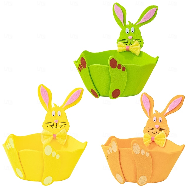 3 Pack Easter Bunny Ear Felt Storage Baskets, Cartoon Bunny Round Candy ...