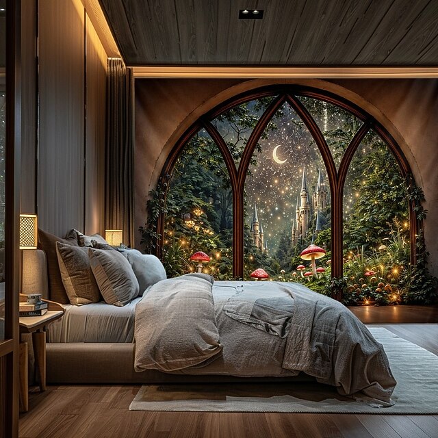 Fantasy Castle Window Tapestry featuring Magic Woodland Scene Large ...