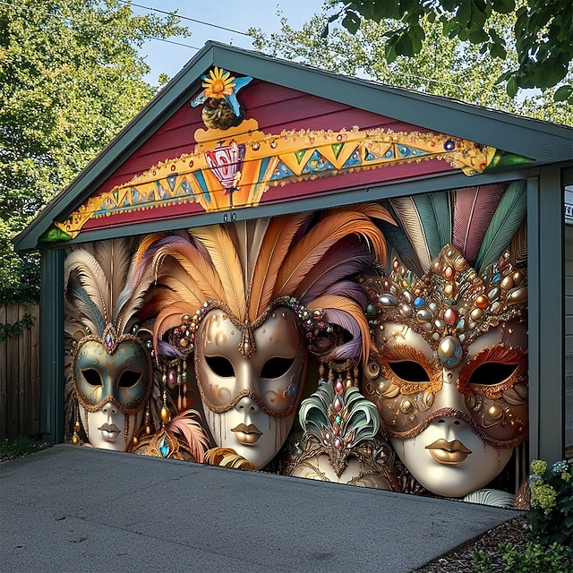 Mardi Gras Garage Door Cover Large Hanging Backdrop Mask Feather Luxury ...