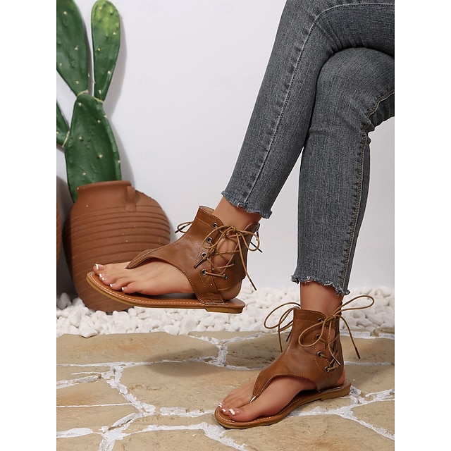 Femmes Quotidien Talon plat Bout ouvert Mode Faux Cuir À lacets Brun ...
