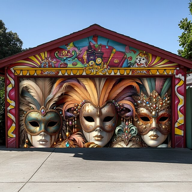 Mardi Gras Garage Door Cover Large Hanging Backdrop Mask Feather Luxury ...