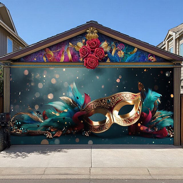 Mardi Gras Garage Door Cover Large Hanging Backdrop Mask Feather Luxury ...