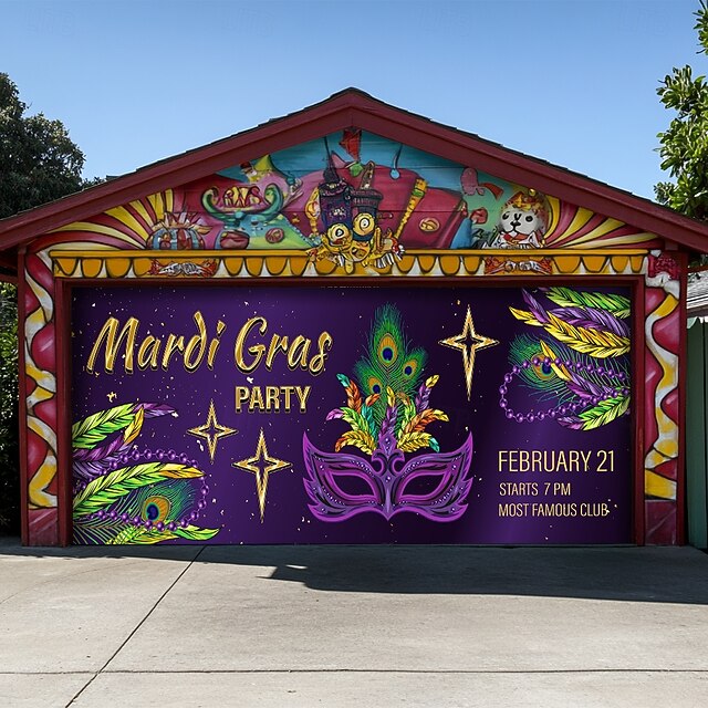Mardi Gras Garage Door Cover Large Hanging Backdrop Mask Feather Luxury ...
