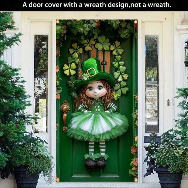 St. Patrick's Day 2D Flat Print Door Cover, Leprechaun Girl with Clover ...