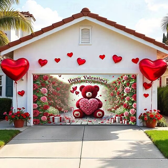 Valentine's Day Garage Door Cover, 2D Flat Print Red Bear Holding Roses ...