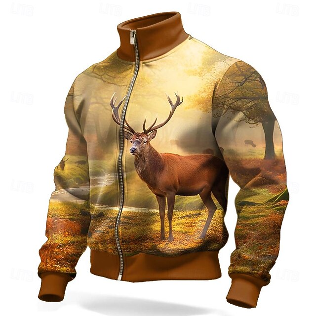 Men's Deer Jacket Sweatshirt Fashion Daily Hunting Stand Collar Outdoor ...